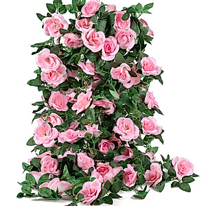 4 Pack (32FT) Artificial Rose Vine Fake Flowers Garland Hanging Silk Rose Ivy Plants Vine for Wedding Arch Party Garden Home Bedroom Office Wall Aesthetic Art Décor (Pink)