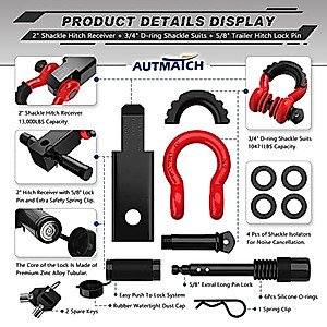 AUTMATCH Shackle Hitch Receiver 2 Inch with Hitch Tightener Anti-Rattle Clamp, 3/4" D Ring Shackle and 5/8" Trailer Hitch Lock Pin, Heavy Duty Receiver Kit for Vehicle Recovery, Red & Black