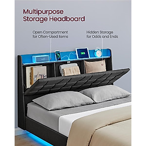 VASAGLE Full Size Floating Bed Frame with LED Lights, Full Bed Frame with Charging Station, Tufted Storage Headboard, Upholstered Platform Bed Frame, No Box Spring Needed, Dark Gray URMB852G71