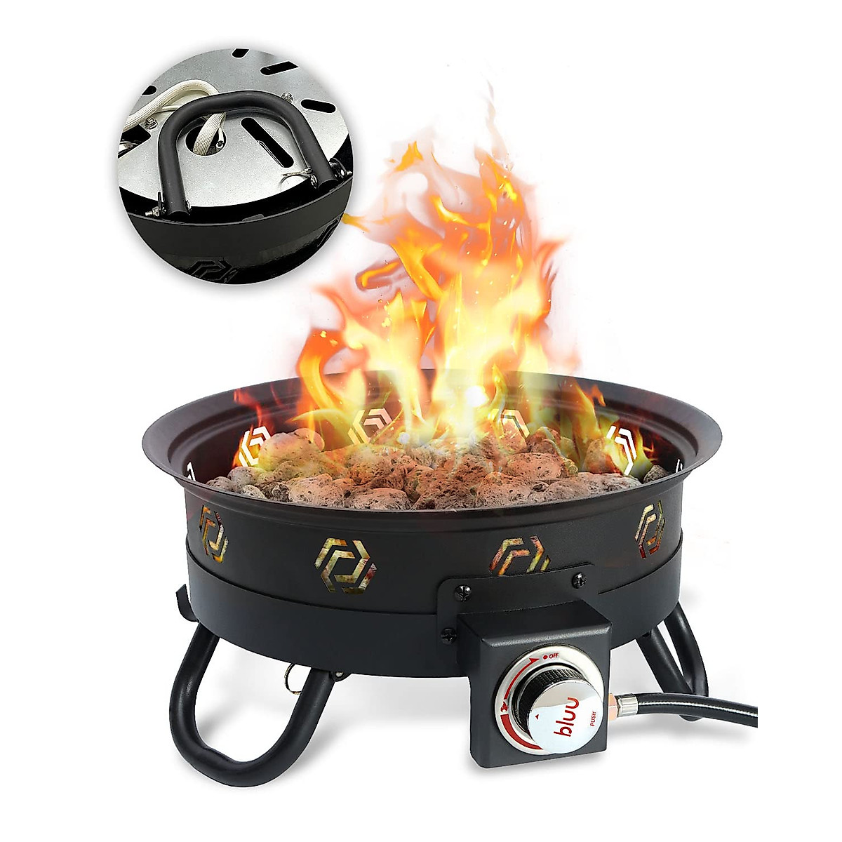 BLUU Deluxe Portable Propane Gas Fire Pit with Auto Ignition for Outdoor Camping- with Grill, Foldable Stand, Trachea Hook, Propane Tank Holder and Cover, 17-Inch Diameter 58,000 BTU, Matte Black