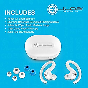 JLab JBuds Air Sport True Wireless Bluetooth Earbuds + Charging Case, White, IP66 Sweat Resistance, Class 1 Bluetooth 5.0 Connection, 3 EQ Sound Settings Signature, Balanced, Bass Boost (Renewed)