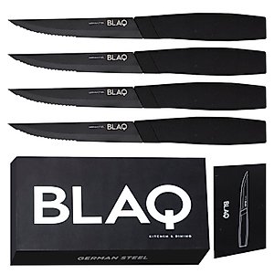 BLAQ Steak Knives Set of 4, German Stainless Steel Serrated Steak Knives with Ergonomic Handles - Dishwasher Safe Steak Knife Set - High Carbon Matte Black Steak Knives with Gift Box