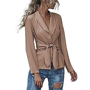 LYANER Women's V Neck Blazer Jacket Self Tie Knot Long Sleeve Elegant Workwear Blouse Khaki Small