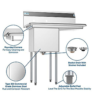KoolMore 1 Compartment Stainless Steel Commercial Kitchen Prep & Utility Sink with Drainboard - Bowl Size 15" x 15" x 12", Silver