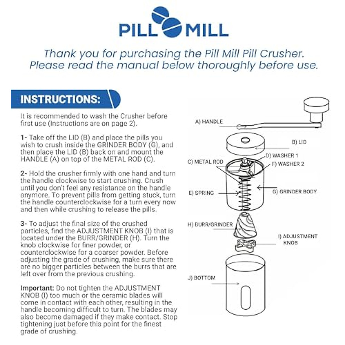 Pill Mill Pill Crusher - Crushes Multiple Tablets to a Fine Powder - Metal Pill Grinder - Tablet Pulverizer Suitable for Travel - Great Feeding Tube use and Pets