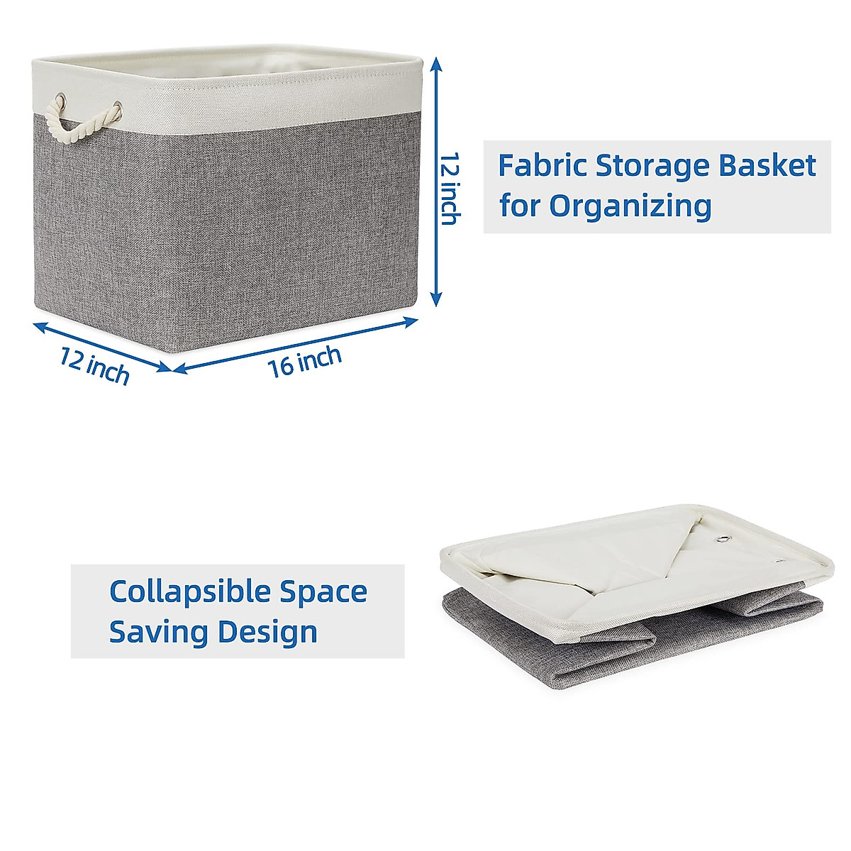 Temary Baskets for Organizing, 2 Pack Storage Baskets Large Fabric Baskets with Handles, Decorative Baskets for Gifts Empty for Home (White&Grey,16Lx12Wx12H Inches)