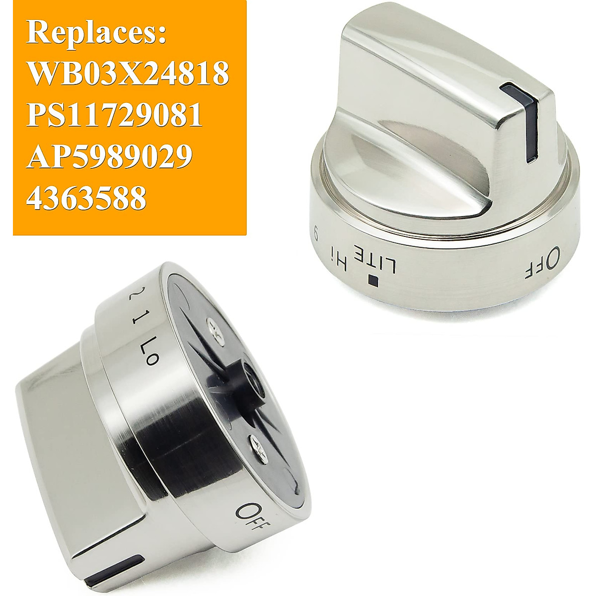 WB03X24818 GE Stove Knobs Replacement(5 Packs), Stainless Steel Colored Plastic Control Knob for General Electric Gas Range Oven, Replaces PS11729081 AP5989029 4363588(5-Year Warranty)