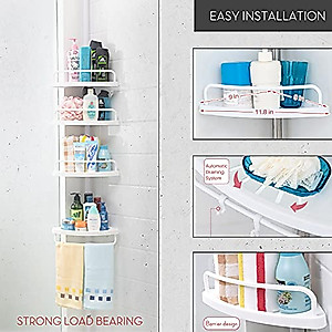 H&A Tension Shower Caddy Pole, Bathroom Corner Shower Rack, Stainless Steel Pole and Rustproof-White