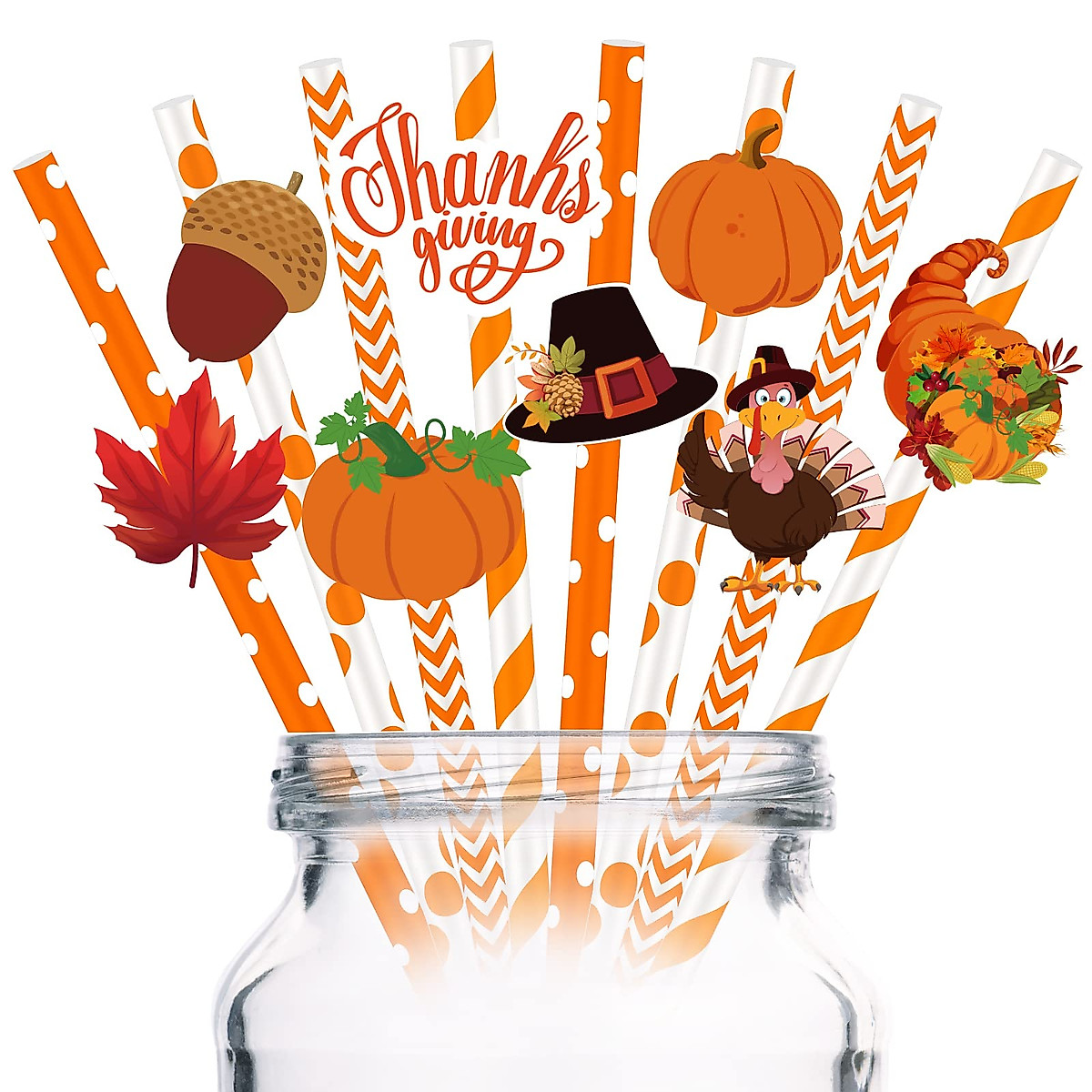 Hotop 56 Thanksgiving Day Orange Paper Straws with 64 Fall Cutouts and 100 Self Adhesive Dots, Disposable Drinking Straws for Thanksgiving Day Decor
