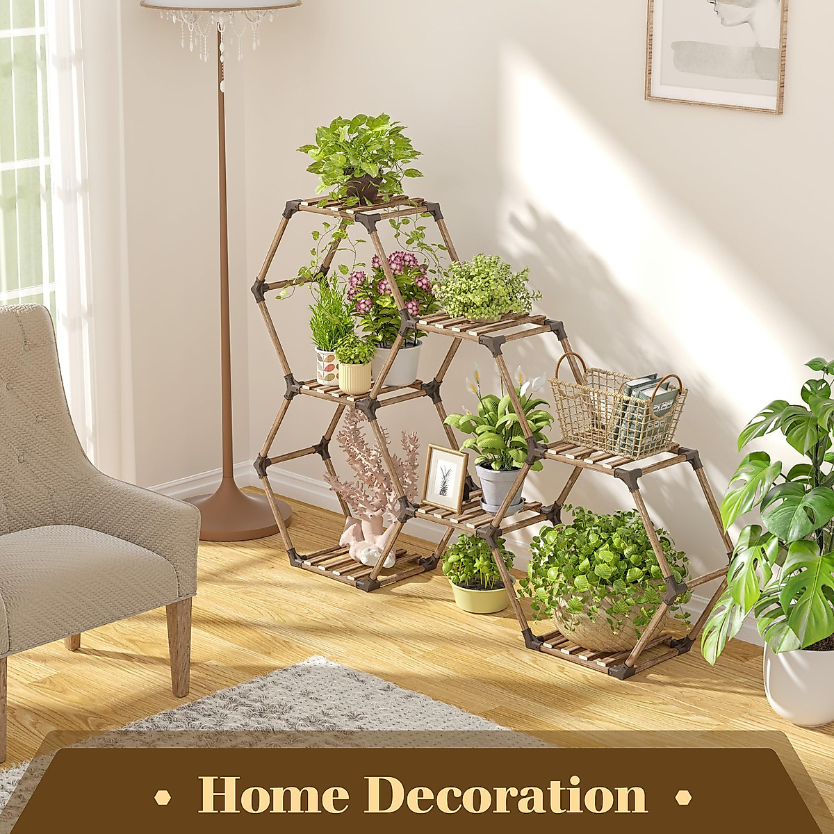Tikea Plant Stand Indoor Outdoor Hexagonal Plant Stand for Multiple Plants Indoor Large Wooden Plant Shelf 7 Tiered Creative DIY Flowers Stand Rack for Living Room Balcony Patio Window