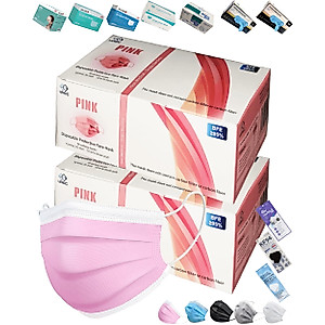 100PCS(2-Box) Cute Pink Disposable Earloop Face Masks for Adults,3-Ply Fabric (2-Layer Non-Woven,1-Layer Melt-Blown)w. Nose Clip,Anti-Dust,Water Proof,Single General Use (Other Color-Style Available).