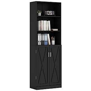Loomie Industrial Boolshelf with Door, 6 Tier Farmhouse Book Shelf with Adjustable Shelves,70" Tall Display Etagere Bookcase,Floor Standing Unit Book Case Furniture for Home Office,Living Room (Black)