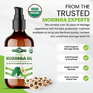 100% Pure Moringa Oil Organic for Face, Hair, Nails and Dry Skin - USDA Certified Single Origin Moringa Oleifera Seeds Extract - 3rd Party Tested, Cold Pressed & Unrefined Organic Moringa Seed Oil