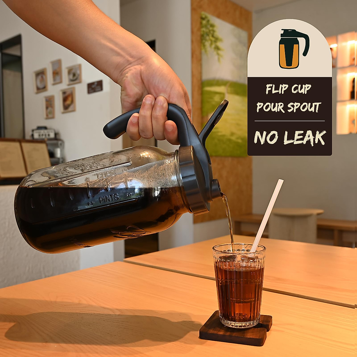 LIVEBAY Cold Brew Coffee Maker, Glass Mason Jar Pitcher with Heavy Duty Stainless Steel Mesh Filter & Flip Cap Lid - Iced Tea & Coffee (2 Quart /64 oz)-Gray