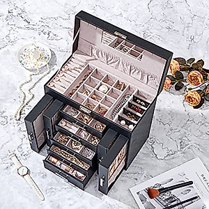 ANWBROAD Huge Jewelry Box Jewelry Organizer Case 6 Tier 40 Hooks Display Storage Holder with Lock Mirror Girls Jewelry Box Earrings Rings Necklaces Bracelets Earrings Gift Faux Leather Black UJJB018B
