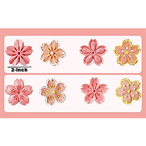 Goeielewe Pastry/Cookie/Fondant Stamper, 2-Inch Press Cookies Mold with 4 Stamps Pink Cherry Blossom Shape Flower Hand Pressure Pastry Tool Fondant Cutters Set for Baking