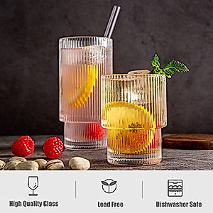 Claplante Drinking Glasses, Origami Style 8 pcs Glass Cups with straw, 4 Highball Glasses & 4 Rocks Glasses, Elegant Ripple Vintage Glassware, Iced Coffee Glasses, Ideal for Cocktail, Whiskey, Juice