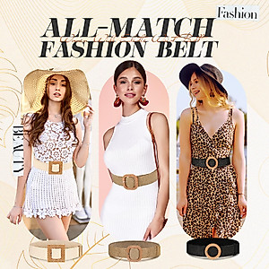 Syhood 3 Pieces Straw Woven Elastic Waist Belt for Women Bohemian Dress Braided Belt (Black, Khaki, Beige,Fit Waist Size Below 40&#039;&#039;)