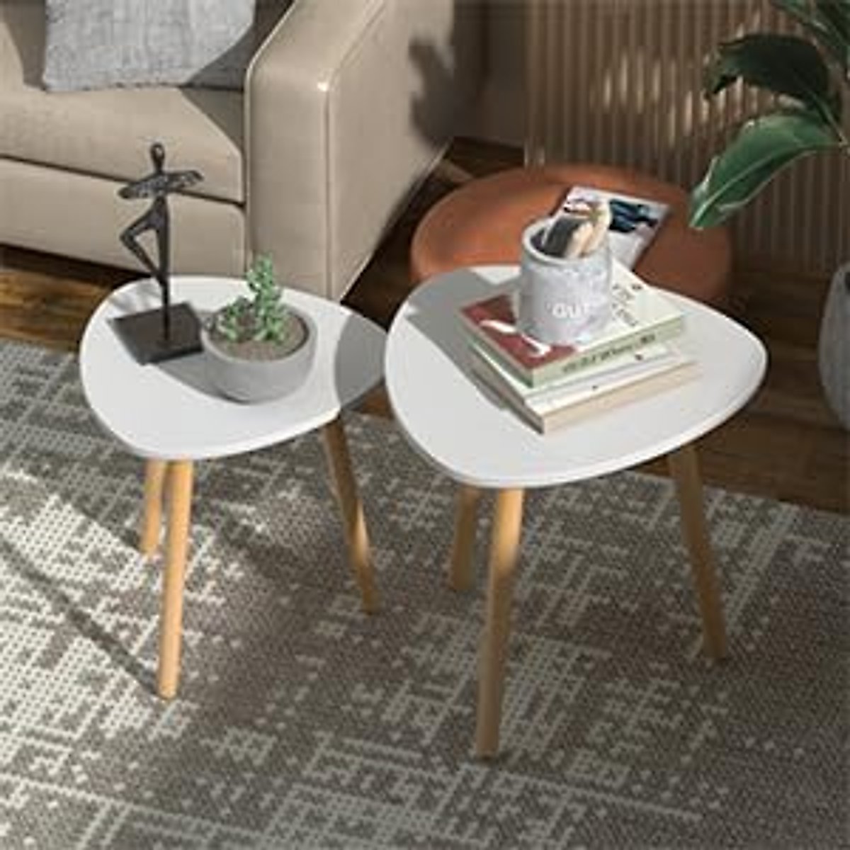 Lifetime Home Modern Semi-Nesting Table with Wooden Legs Set of 2 - Triangle Side Table for Living Room, Bedroom, Apartment & Small Spaces - Minimalist Bamboo Nested Coffee End Table - White