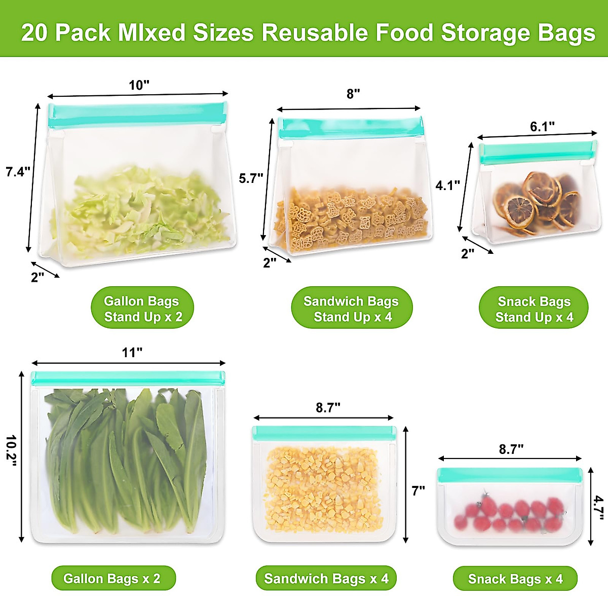 Moretoes 20 Pack Reusable Freezer Food Storage Bags, Silicone Bags Reusable Storage, Quart Freezer Bags for Lunch Marinate Food Travel (Green, 6 Sizes, Stand Up & Lay Flat)