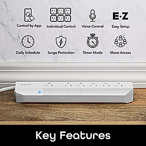 Geeni Surge 6-Outlet Smart Extension Cord, Surge Protector and Cord Extender, Works with Alexa, Google Assistant, Requires 2.4 GHz WiFi, 3 Feet