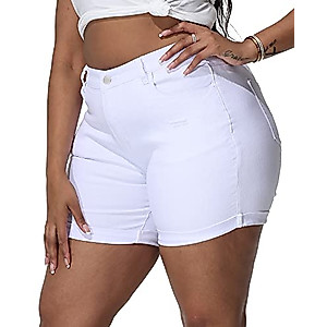Gboomo Womens Plus Size White Jean Shorts Casual Denim Shorts High Waisted Fold Hem Short Jeans with Pockets 18W