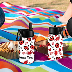 Personalized Kids Water Bottles with Silicone Straw Lid, Custom Stainless Steel Cute Funny Thermos with Name Text for Girls & Boys, Perfect for Travel, School, Outdoors, and Gym - Ladybugs