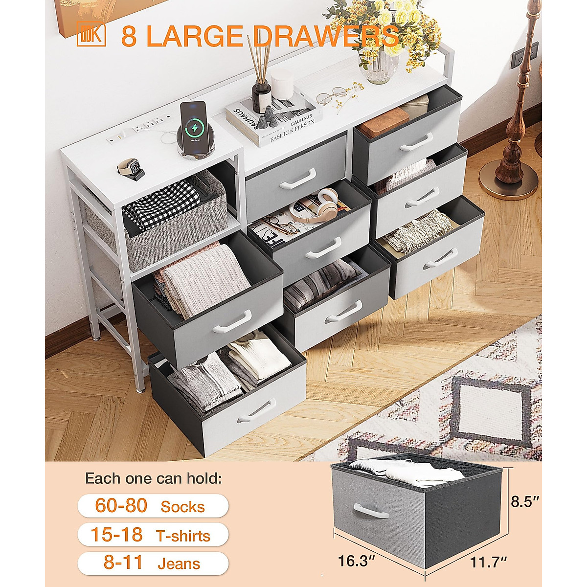ODK Dresser with Charging Station, 52-Inch Long Dresser for Bedroom with 8 Storage Drawers, Fabric Dressers Chests of Drawers with Sturdy Steel Frame and Wooden Top, White and Light Grey