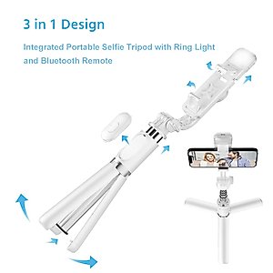 Ambertronix 40" Lighted Selfie Stick Tripod, Removable Bluetooth Remote, 3 Light Modes, 6 Brightness Levels, Lightweight, Portable, Compatible with All iPhone & Android Devices, White (2022Upgrade)