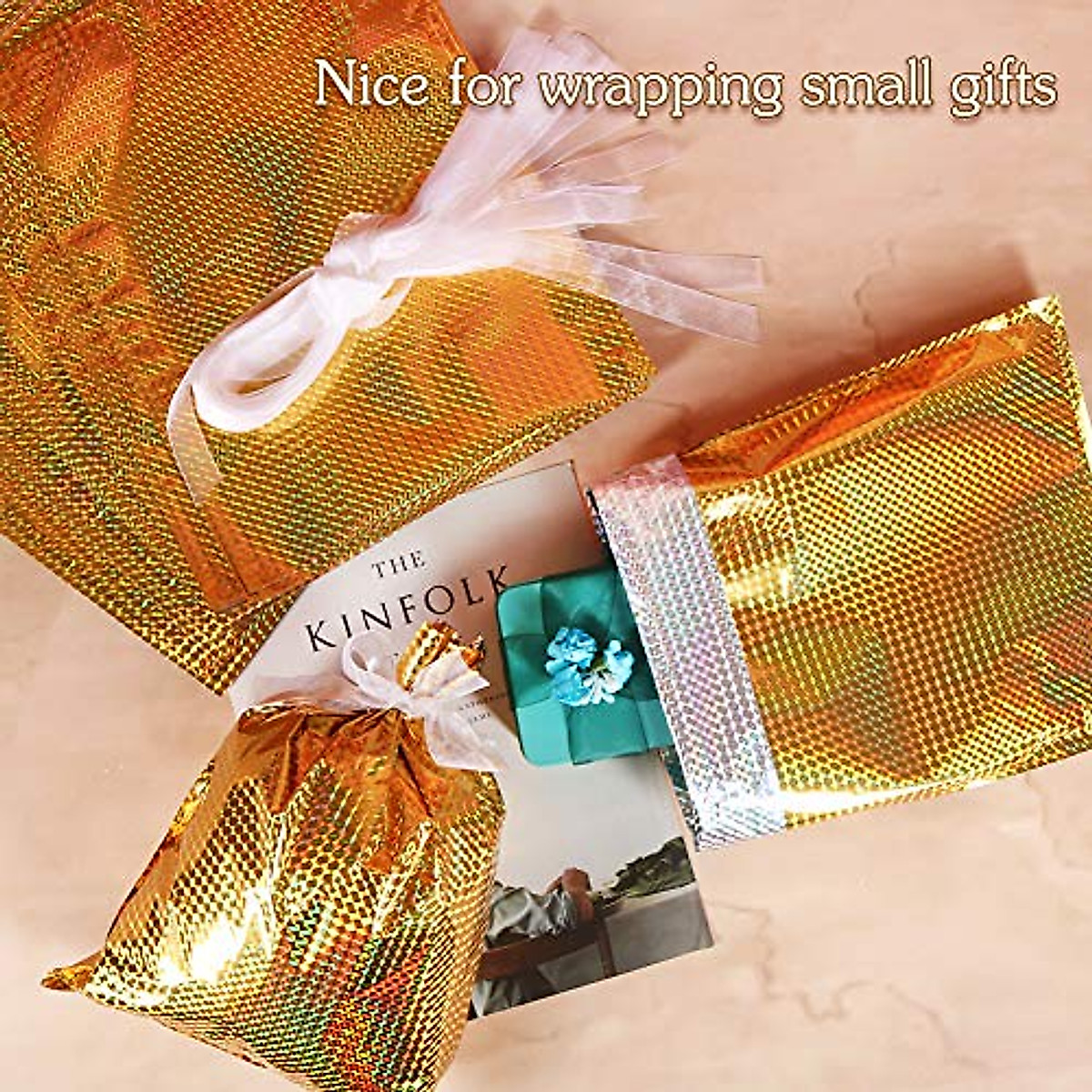 HRX Package Gold Foil Gift Bags with Ribbon Ties, 30pcs Gift Wrapping Sacks Pouches Christmas Mylar Goody Bags for Xmas Presents Party Favor