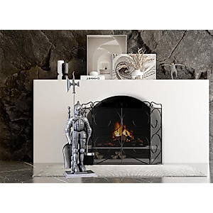 Lizh Middle Ages Knight Cast Iron Fireplace Tool Set ,Antique Brass