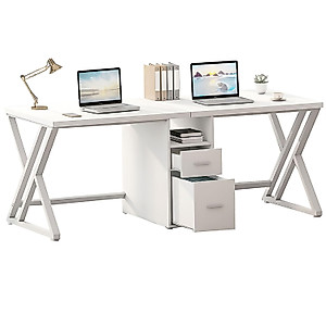 LVB Large 2 Person Desk, Modern White Computer Desk with File Cabinet, Extra Long Workstation Double Desk with Storage Shelf, Industrial PC Writing Study Dual Executive Office Desk with Drawer, 79 in
