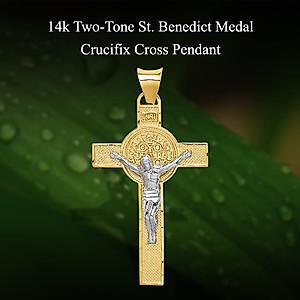 Diamond2Deal 14K rhodium-plated-gold Two-tone St. Benedict Medal Crucifix Cross Pendant Fine Jewelry for Women