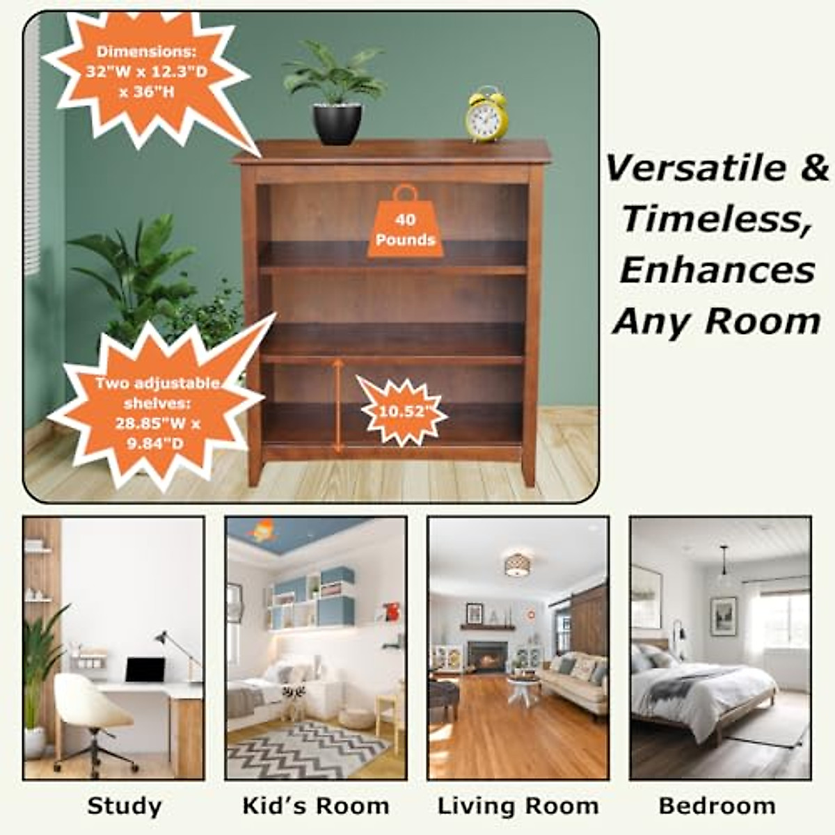 IC International Concepts Shaker Bookcase 36" H Solid Sturdy Real Parawood Furniture, Eco-Friendly, Three Adjustable Shelves, 36 Inch, Espresso