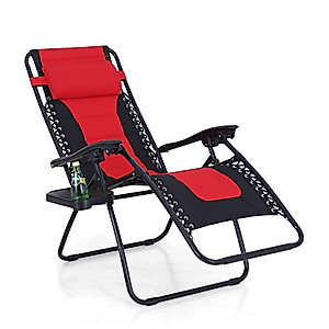 MAISON ARTS Oversized Padded Zero Gravity Lawn Chair Foldable Patio Recliner Anti Gravity Lounge Chair w/Pillow & Cup Holder Outdoor Camp Chair for Poolside Backyard Beach, Support 300lbs, Red