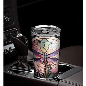 ORCAE 20oz Pink Crystal Stained Glass Flower Dragonfly Tumbler, Gifts for Dragonfly Lovers, Coffee Thermos for Women, Stainless Steel Double Wall Vacuum Insulated Coffee Mug, Travel Cup with Lid - E