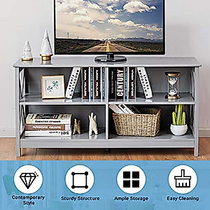 Tangkula TV Stand for TVs up to 55 Inches, 47" Farmhouse Entertainment Center with 4 Open Shelves & Built-in Cable Holes, TV Console Table with X-Shaped Frame for Living Room (Grey)