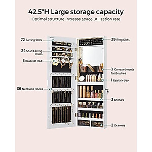 SONGMICS Mirror Jewelry Cabinet Armoire Organizer, Wall or Door Mount Storage Cabinet with Full-Length Frameless Lighted Mirror, Built-in Makeup Mirror, 2 Drawers, Lockable, White UJJC013W01