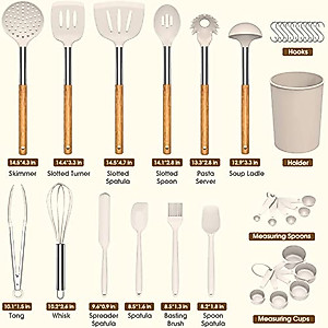 AHNR 33 Pcs Silicone Cooking Utensils Set, 446°F Heat Resistant Kitchen Utensils, Spatula, Spoon, BPA Free Wooden Handle Silicone Kitchen Gadgets Utensil Set with Holder for Non-Stick Cookware Khaki