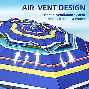 AMMSUN 7ft Heavy Duty High Wind Beach Umbrella with Sand Anchor & Tilt Sun Shelter UV 50+ Protection Outdoor Sunshade Umbrellas Carry Bag for Patio Garden Pool Backyard Multicolor Stripe