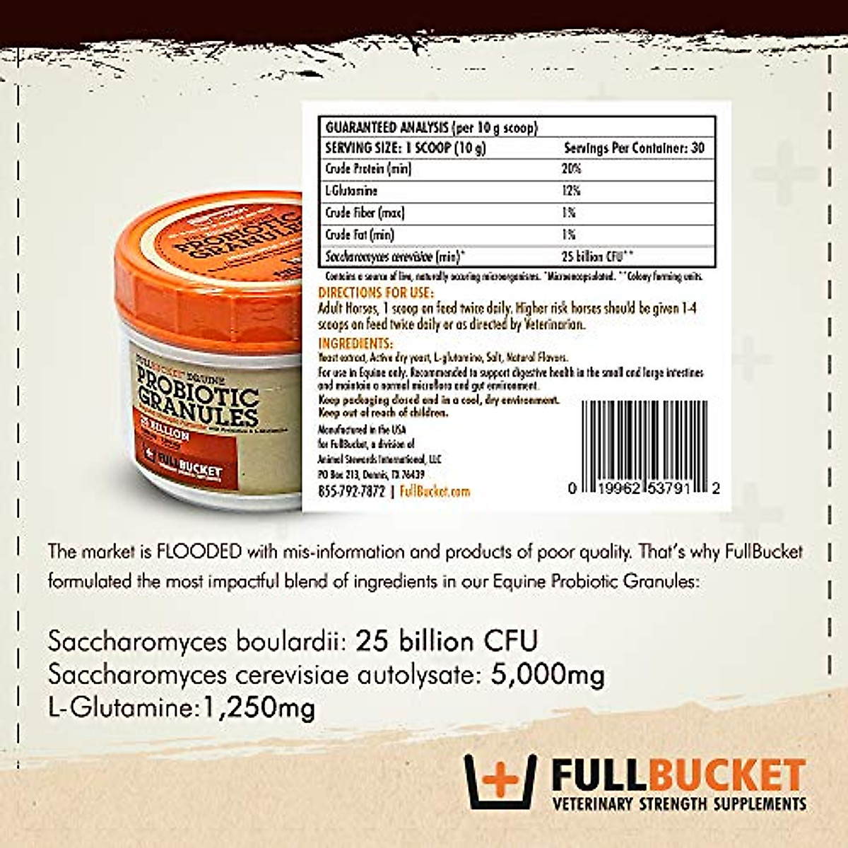 FullBucket Equine Probiotic Granules with Saccharomyces boulardii for Daily Digestive Optimization; Concentrated Formula with 25 Billion CFUs - 30 Servings