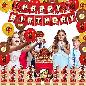 103 Pcs Anime Birthday Decorations Include Banner，Backdrop, Balloons, Cake Topper, Cupcake Toppers, Mask, Cloak and Tattoo Stickers,Flash Birthday Party Supplies for boys