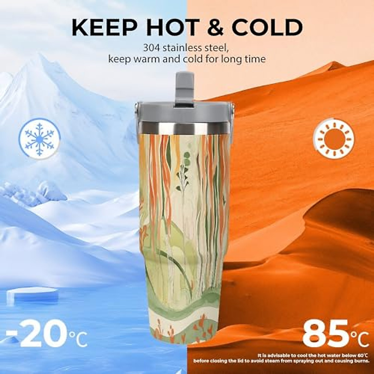 ZJCDPBR 30 Oz Tumbler with Foldable Handle And Flip Straw,Green Line Art Vacuum Insulated Travel Coffee Tumblers,Stainless Steel Leak-Proof Water Bottle,Fits in Cup Holder,Keep Cold 24H & Hot 12H