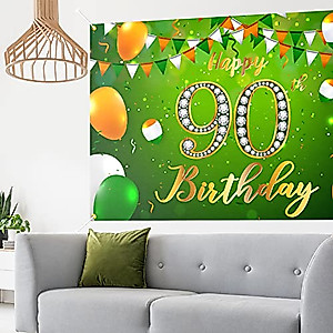 Happy 90th Birthday Backdrop Banner Decor Green - Glitter Cheers to 90 Years Old Birthday Party Theme Decorations for Men Women Supplies