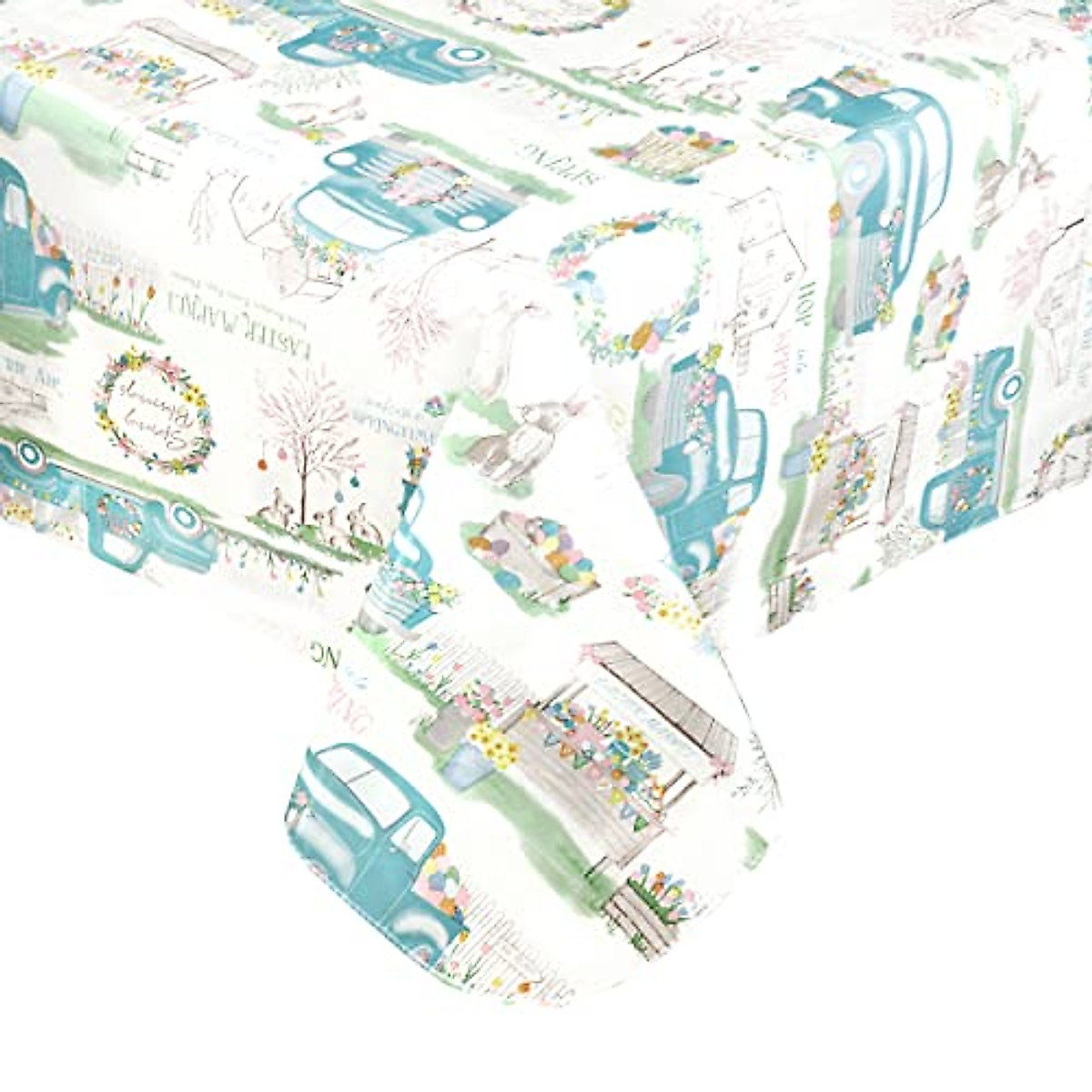 Newbridge Nostalgic Easter Market Farm Truck Vinyl Flannel Backed Tablecloth - Spring Flower Market, Bunny and Egg Print Indoor/Outdoor Easy Care Vinyl Tablecloth, 52” x 70” Oblong/Rectangle