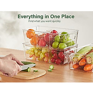 Kootek 4 Pack Clear Pantry Organization and Storage Bins, Freezer Organizer Bins Stackable Food Storage Organizer Bins with Handles Removable Dividers for Kitchen, Refrigerator, Cabinet