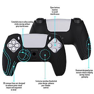 eXtremeRate PlayVital Samurai Edition Black Anti-Slip Controller Silicone Skin for ps5, Ergonomic Soft Rubber Protective Case for ps5 Controller with Black Thumb Stick Caps