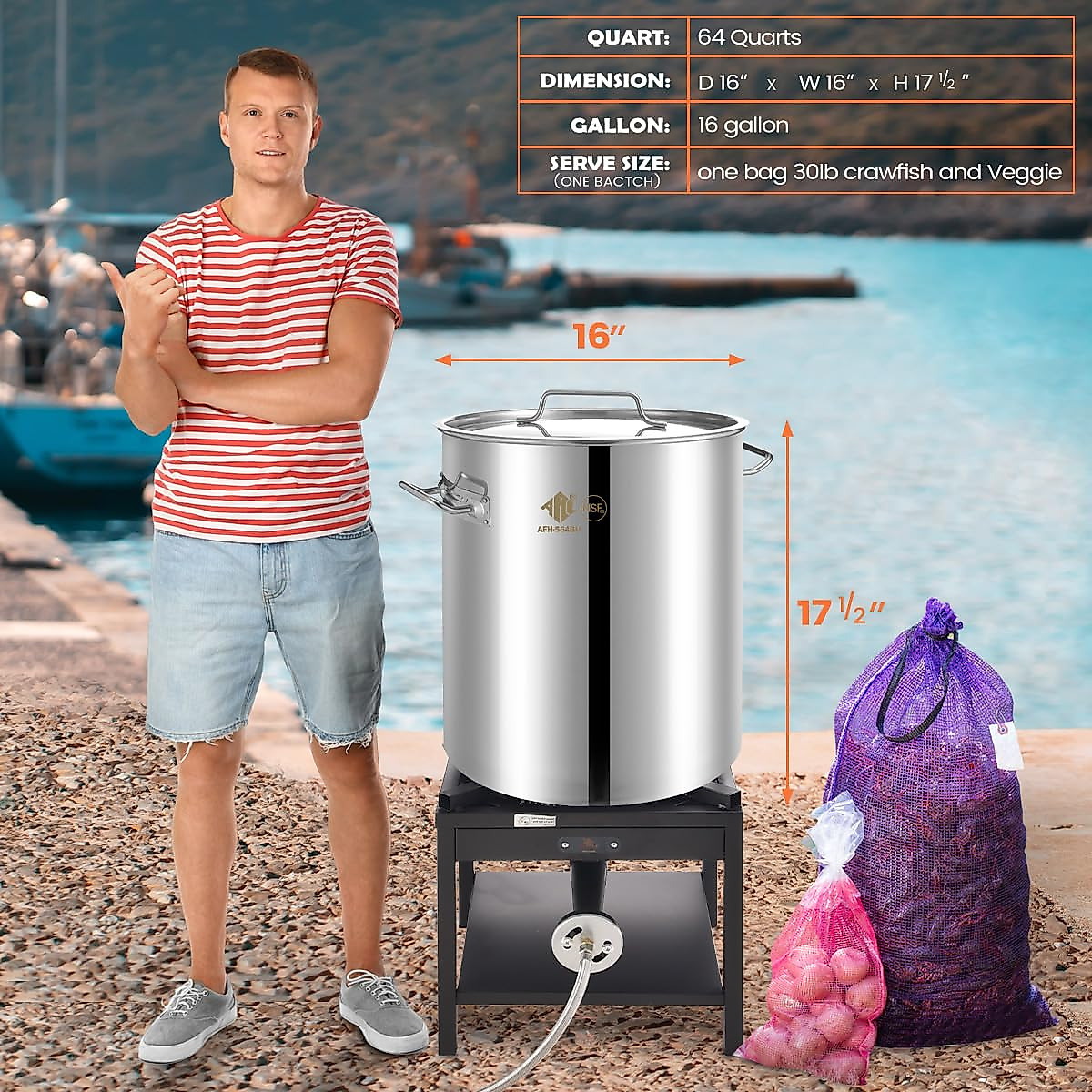 ARC 64-Quart Stainless Steel Seafood Boil Pot with Basket and Two Brown Paper, Crawfish, Crab, Lobster, Shrimp Boil Stock Pot with Strainer, Turkey Fryer Pot, 16 Gallon