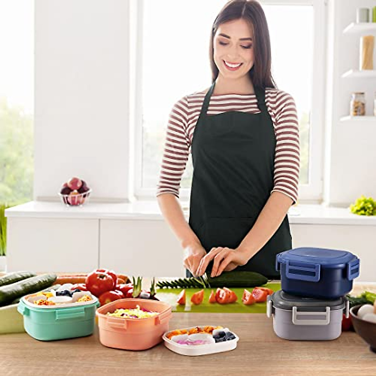 Caperci Superior Salad Container for Lunch To Go - Large 55-oz Salad Bowl Lunch Box Container with 4-Compartment Bento-Style Tray, 3-oz Sauce Container, Reusable Spork & BPA-Free (Pink)