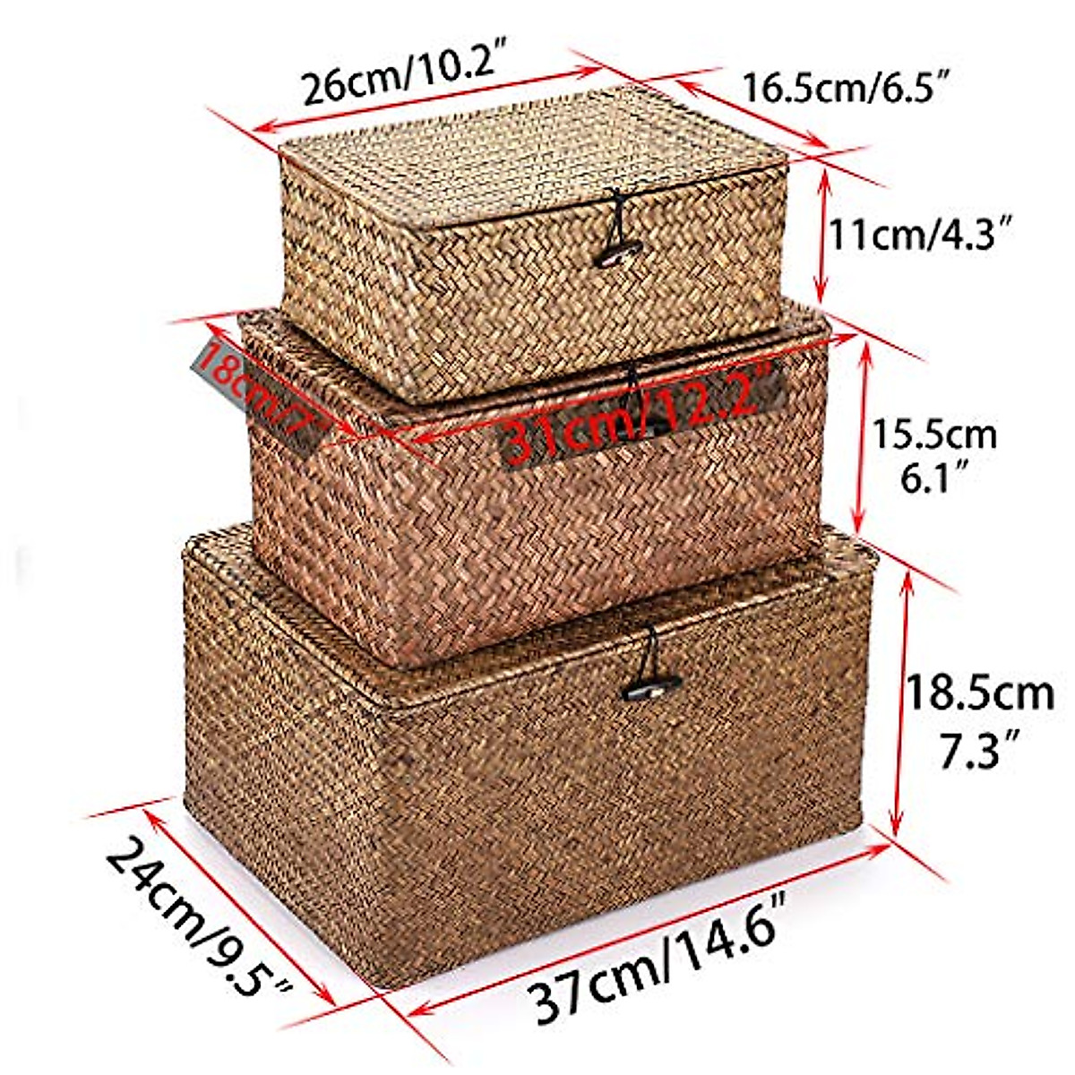 Hipiwe Set of 3 Natural Seagrass Storage Baskets with Lid - Large Handwoven Wicker Storage Bins Rectangular Household Organizer Boxes Shelf Wardrobe Organizer, Coffee